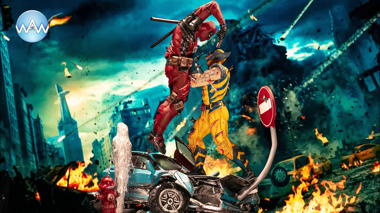 Diorama realistic Deadpool vs Wolverine in devastated city