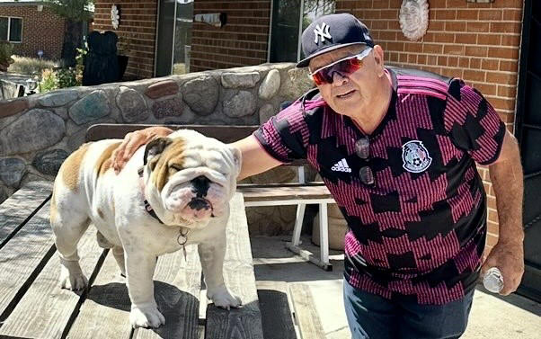 Meet Beef the bulldog, who takes slow walks with his 78-year-old friend