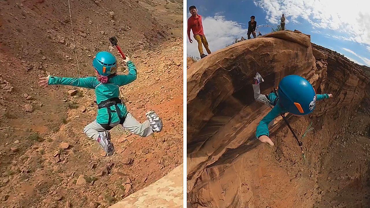 Daredevil 6-year-old does insane rope swing off 500ft cliff in Utah