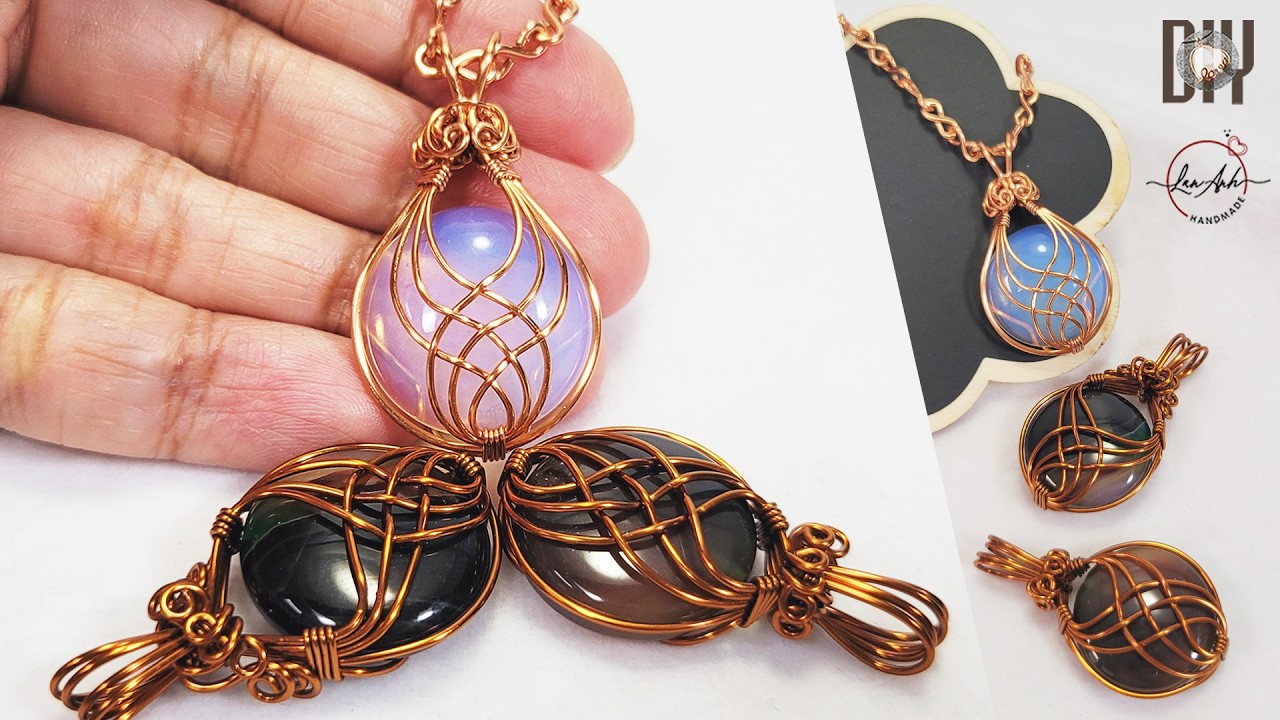 How to wrap round big stone without holes | Criss-cross wire pendant 1056