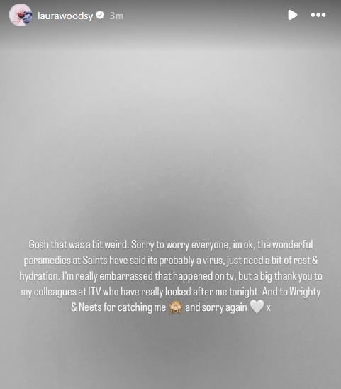 Laura Woods issues update after collapsing live on ITV