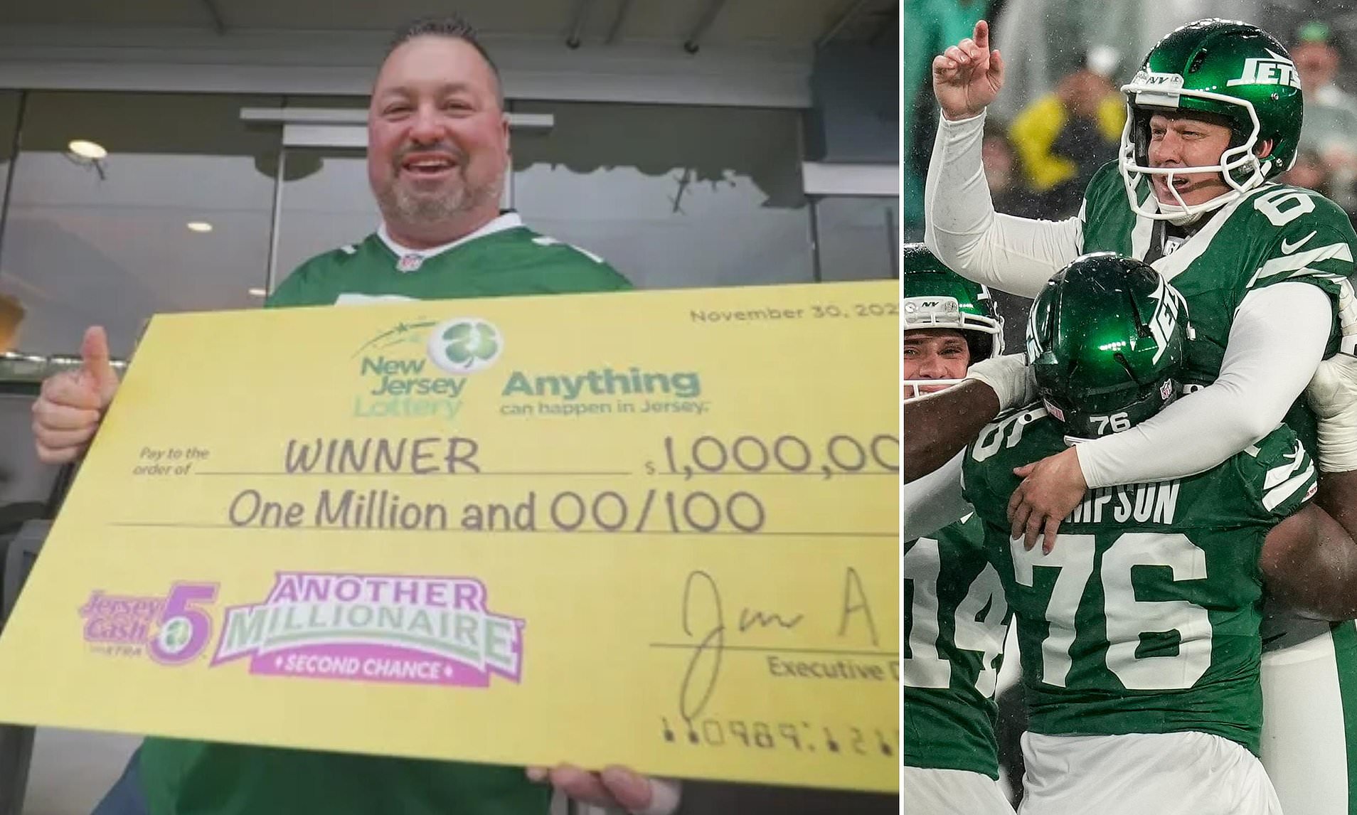 Jets fan's double delight as he lands $1MILLION in halftime lottery ...