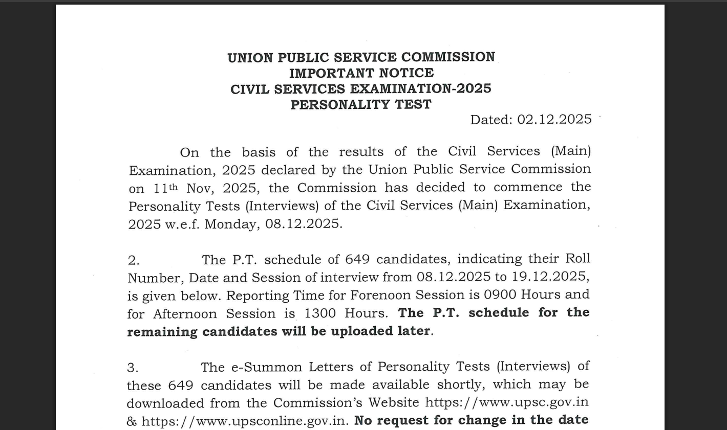 UPSC interview schedule 2025 released at upsc.gov.in: Check details here