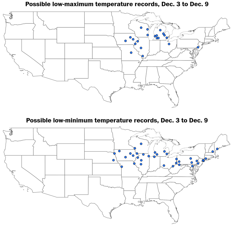 Where low temperature records from the 1800s may be broken this week