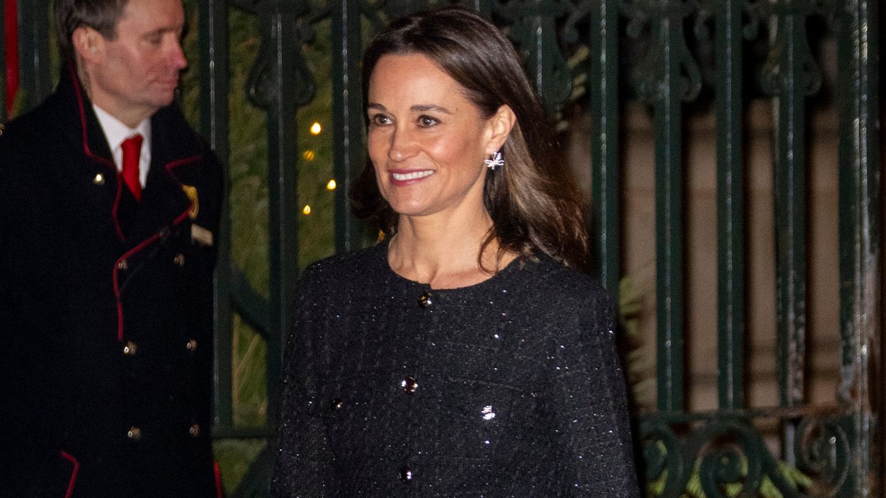 Pippa Middleton's sparkling boucle midi dress and cranberry-red ...