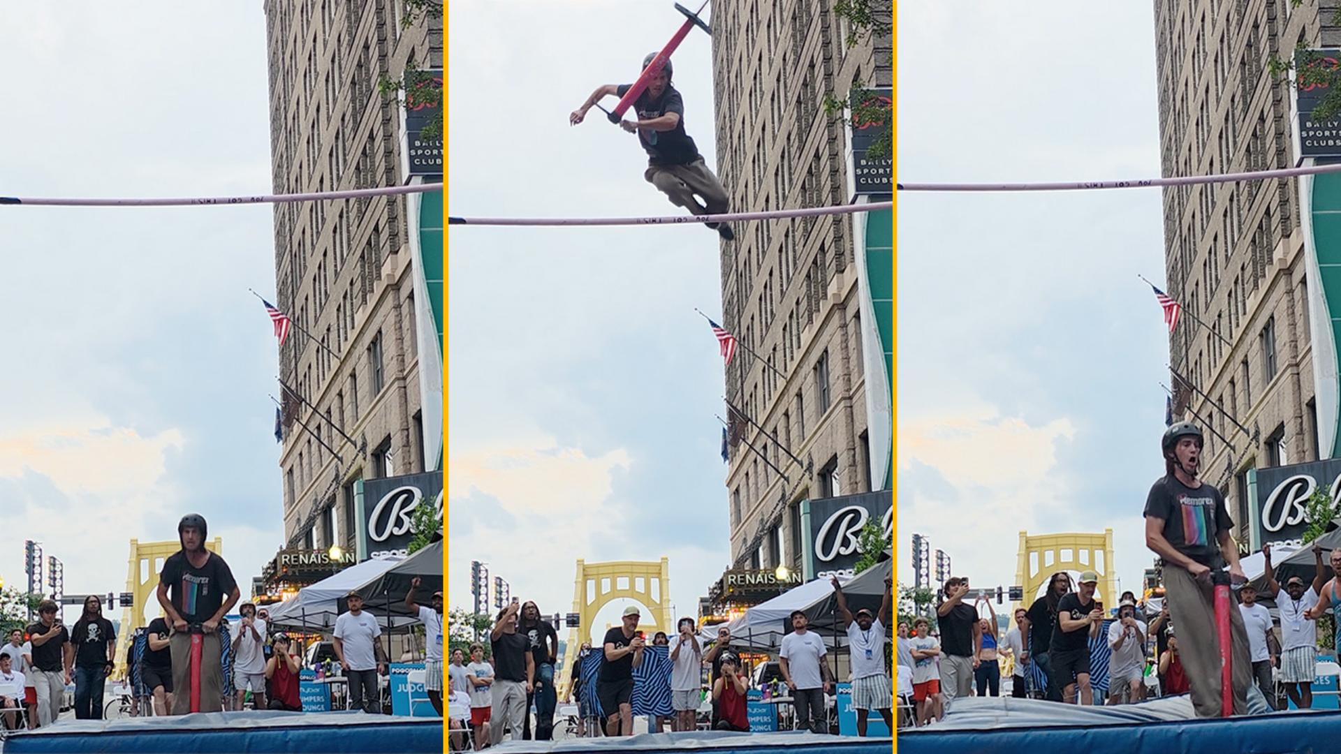 Highest stickflip pogo stick jump 3.67 metres (12 ft 0.49 in) by Henry ...