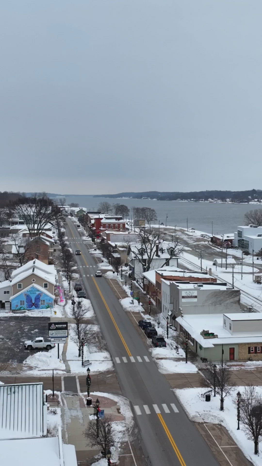Aerial look at winter in LeClaire, Iowa