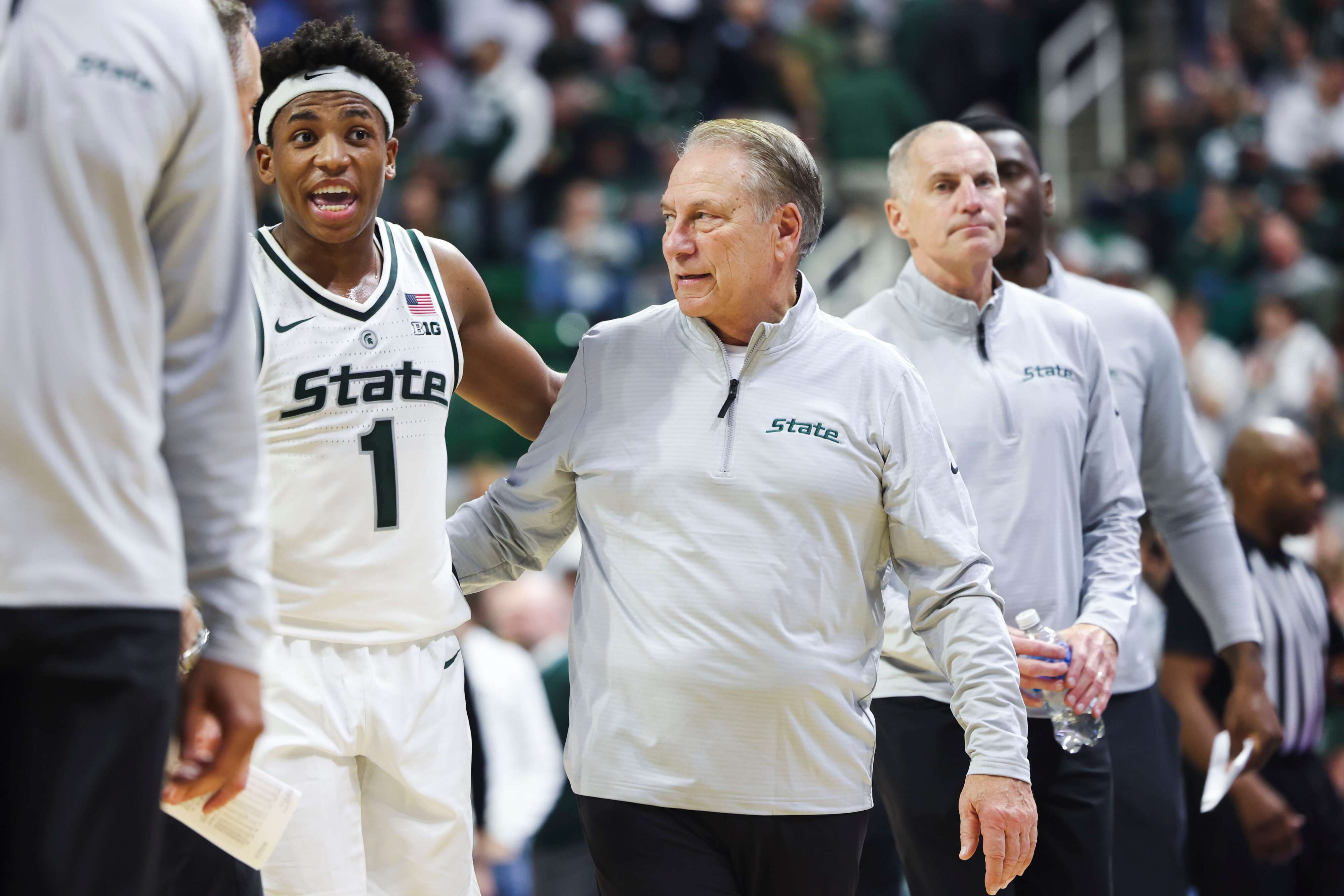 Tom Izzo welcomes Pat Fitzgerald to Breslin Center with reprimand