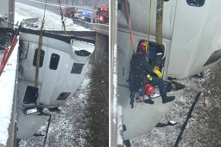 Bestuurder gered nadat hij met vrachtwagen 30 meter boven de grond hing ...