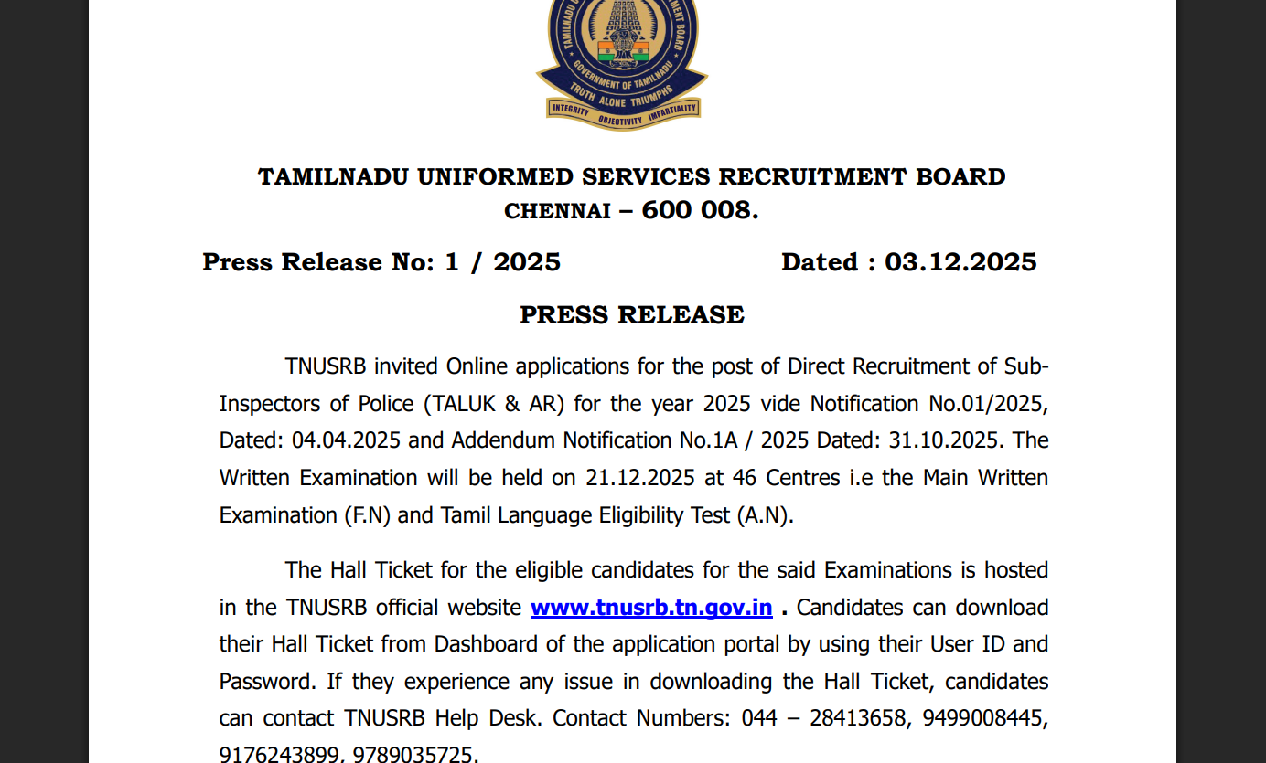 TNUSRB SI admit card 2025 released at tnusrb.tn.gov.in: Direct link to ...