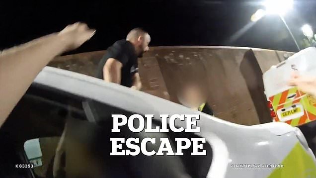 Moment handcuffed suspect leaps on police van to escape arrest