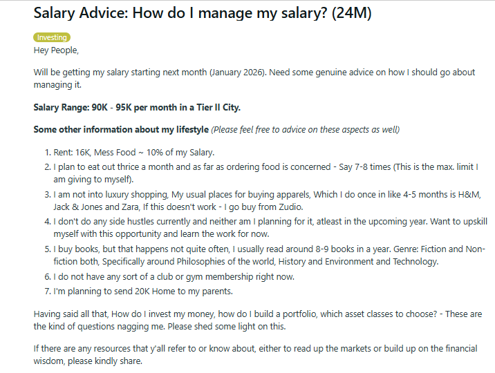 Man, 24, asks Reddit how to manage Rs 90,000 salary. Financial advice ...