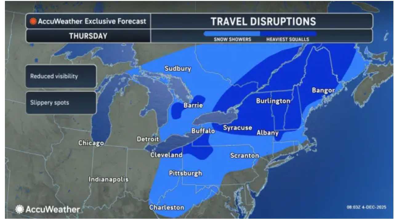 Arctic front to trigger sudden snow squalls with rapid whiteouts possible