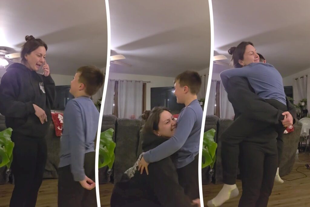 Mother and son share emotional hug as she asks to pick him up one last time