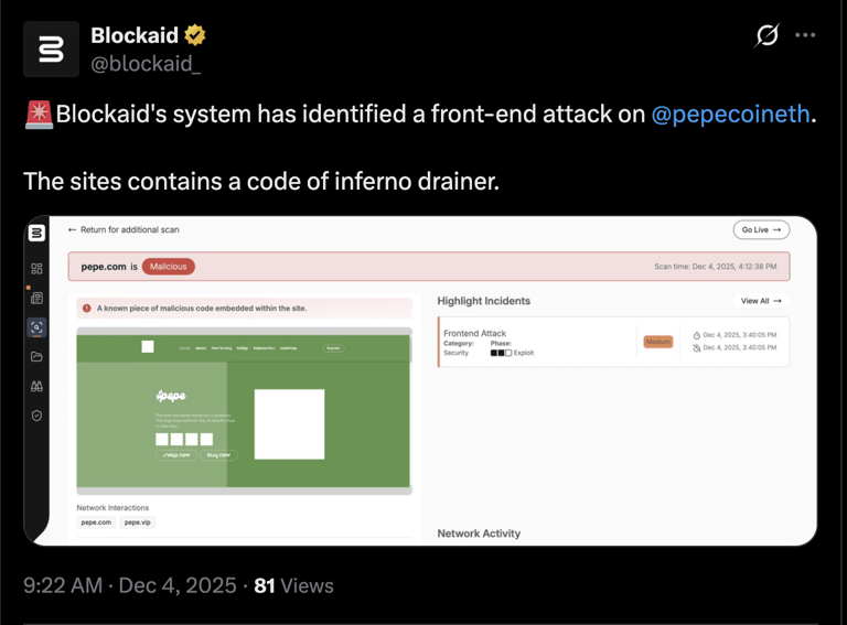 Pepe memecoin website exploited, redirecting users to malware: Blockaid