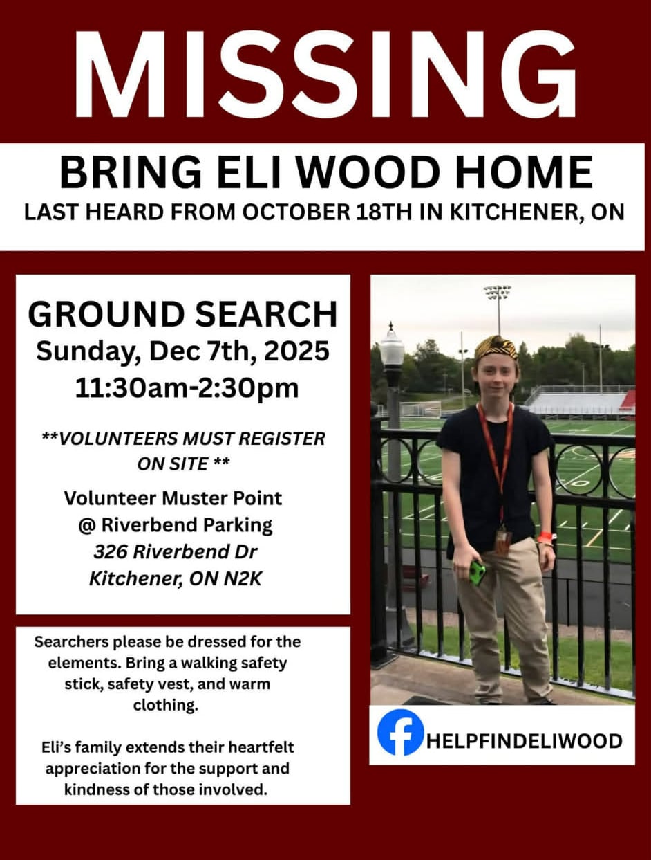 Community ground search for Eli Wood happening in Kitchener on Sunday