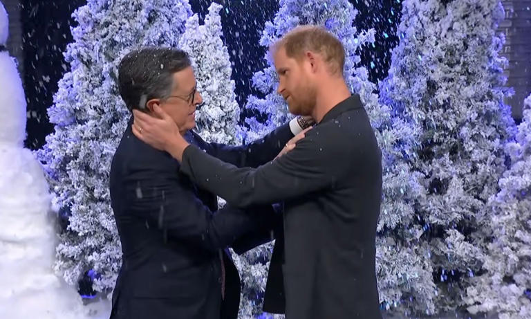 Prince Harry nearly kisses Stephen Colbert in hysterical 'Late Show' skit