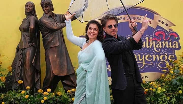 Shah Rukh Khan, Kajol unveil iconic DDLJ pose-themed bronze statue at ...