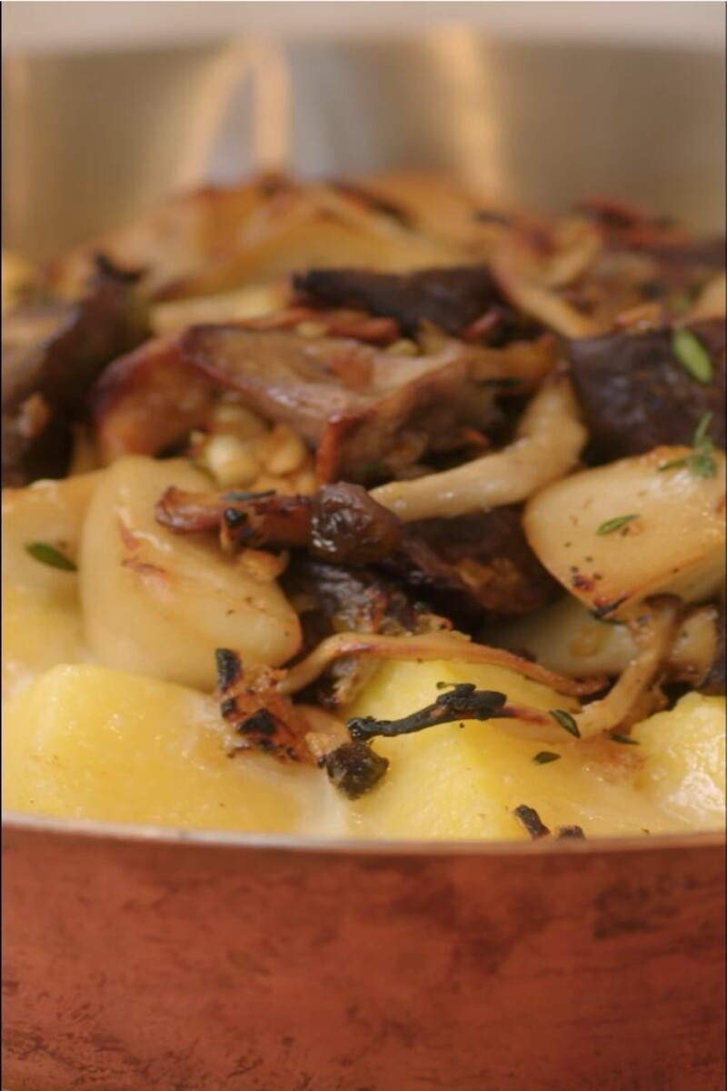 Creamy polenta bake with mushroom ragu and melted taleggio