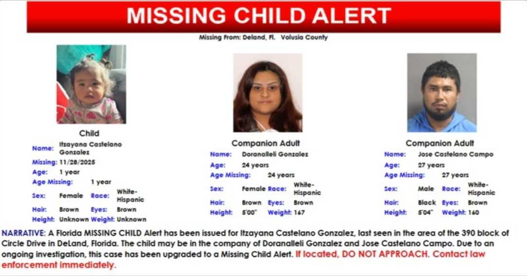 Missing child alert issued for 1-year-old last seen in DeLand