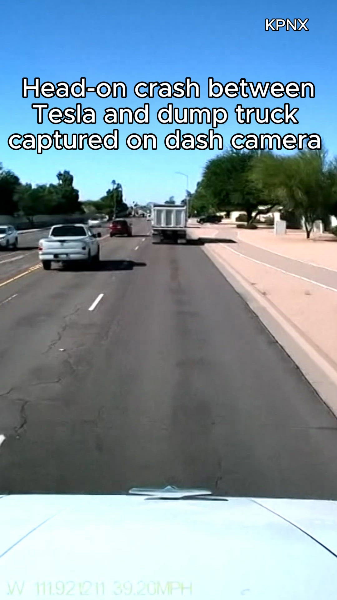 Head-on crash between Tesla and dump truck captured on dash camera