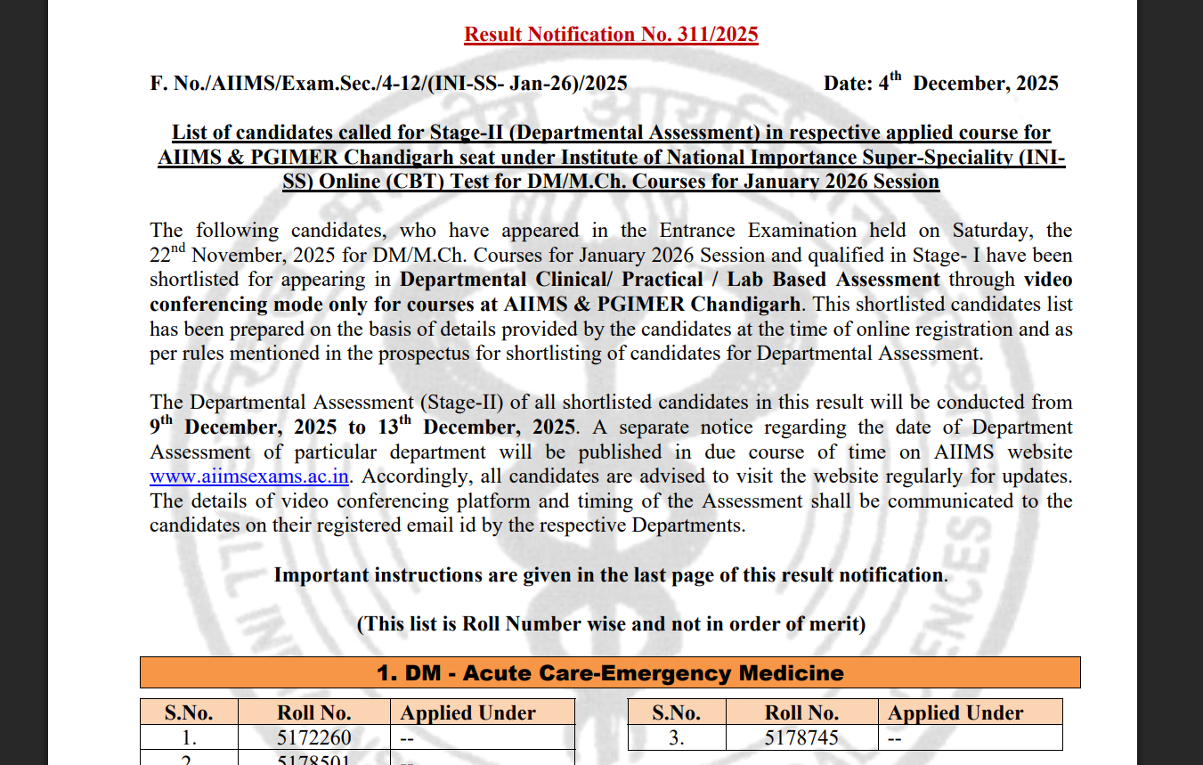 AIIMS INI SS 2025 list of shortlisted candiates for Stage 2 released ...