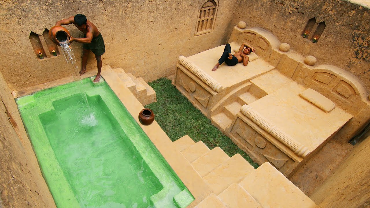 Building an amazing underground jungle house by hand | Primitive ...