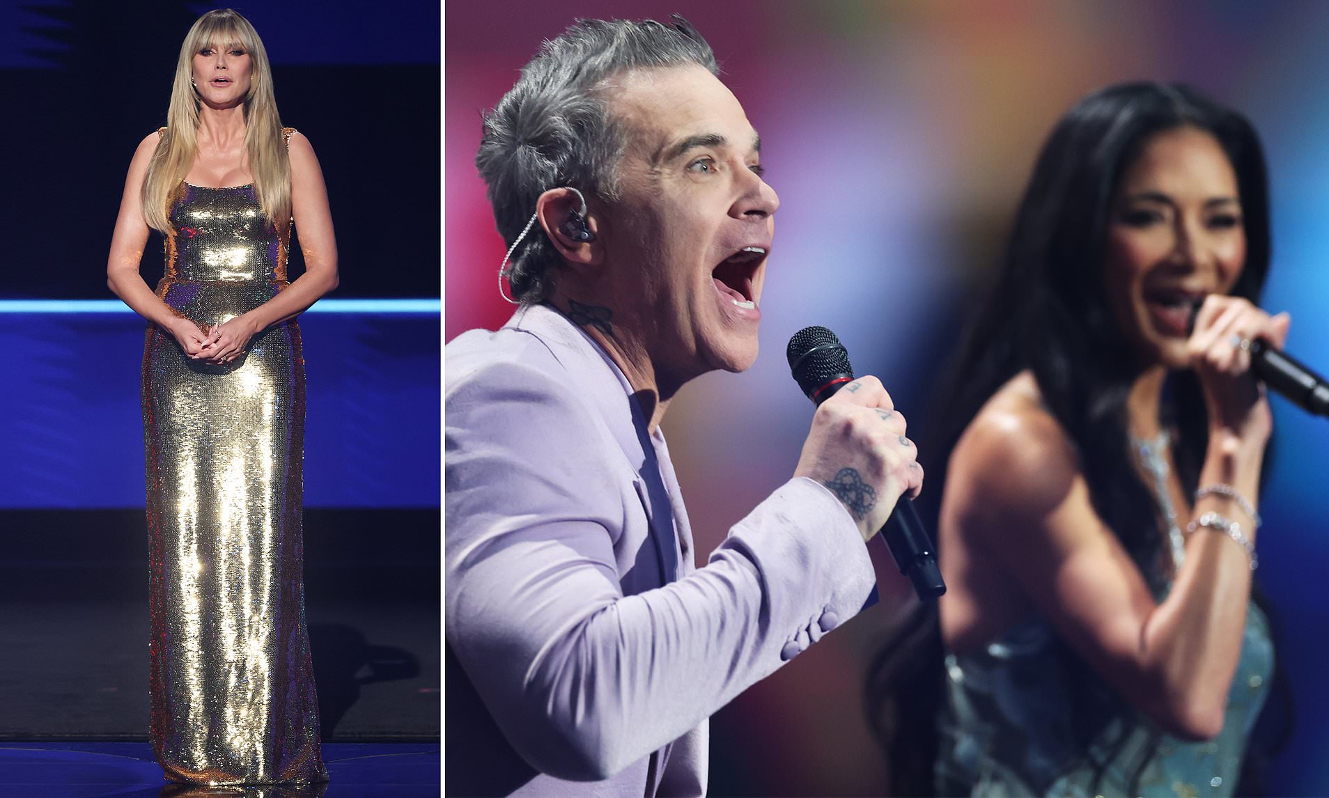 Heidi Klum stuns in metallic gold gown as she joins Robbie Williams at ...