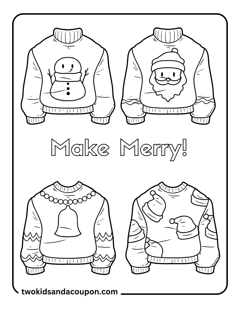 7 free cute Christmas ugly sweater coloring pages