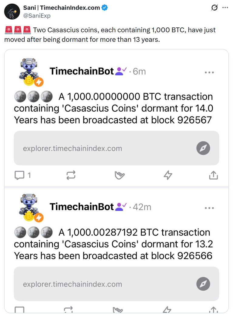 2,000 bitcoin on the move: Rare Casascius coins awaken after 13 years