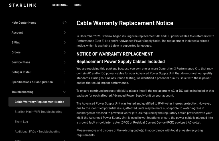 SpaceX finds issue with Starlink's advanced power supply cable