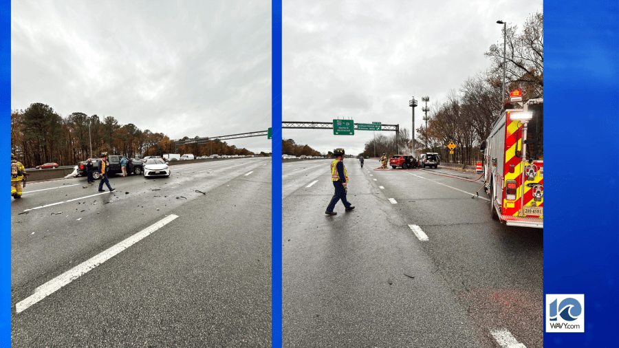 Four injured after fiery multi-vehicle crash on I-264 W in Virginia Beach