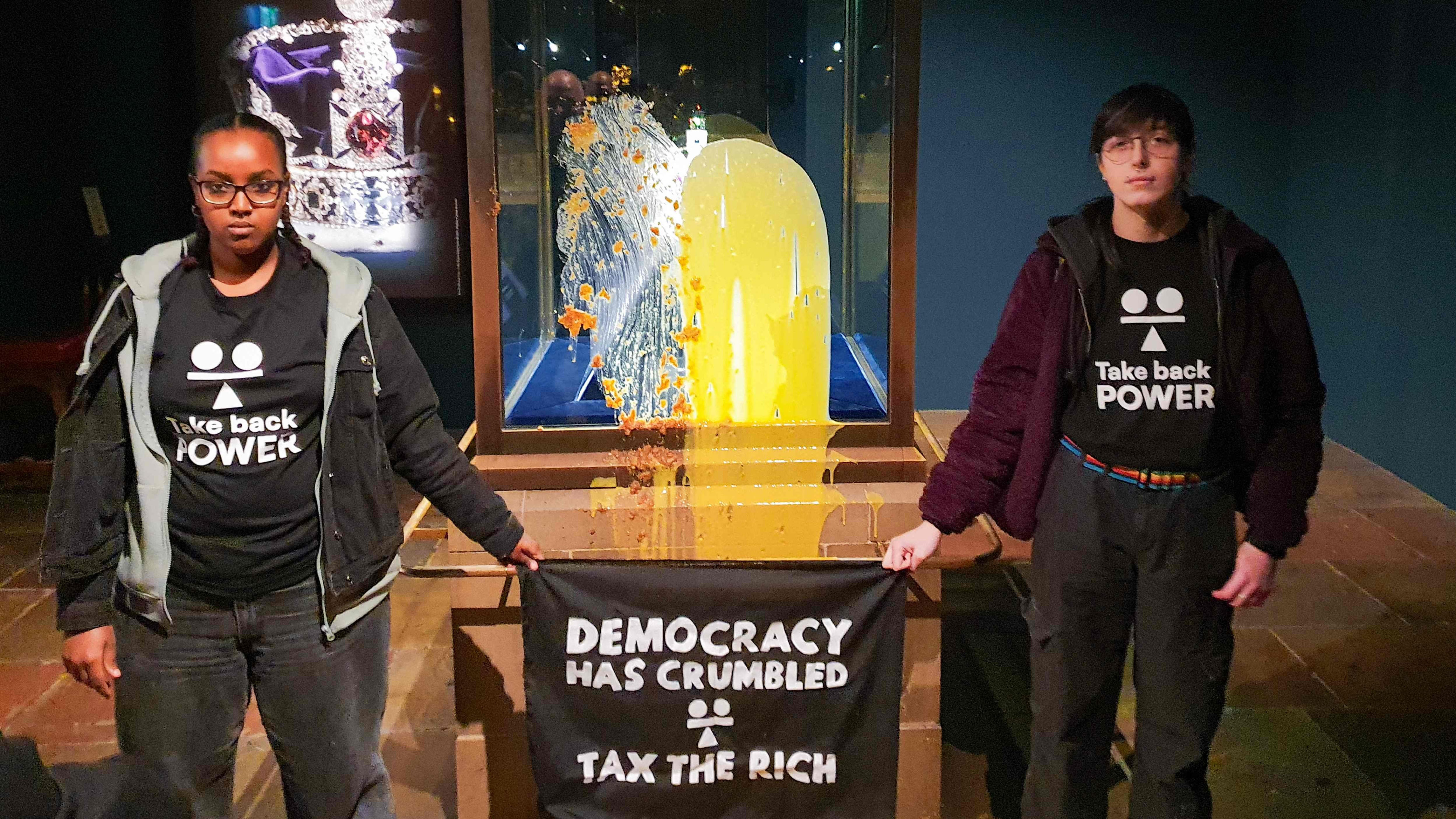Tax-the-rich protesters target Imperial State Crown with food