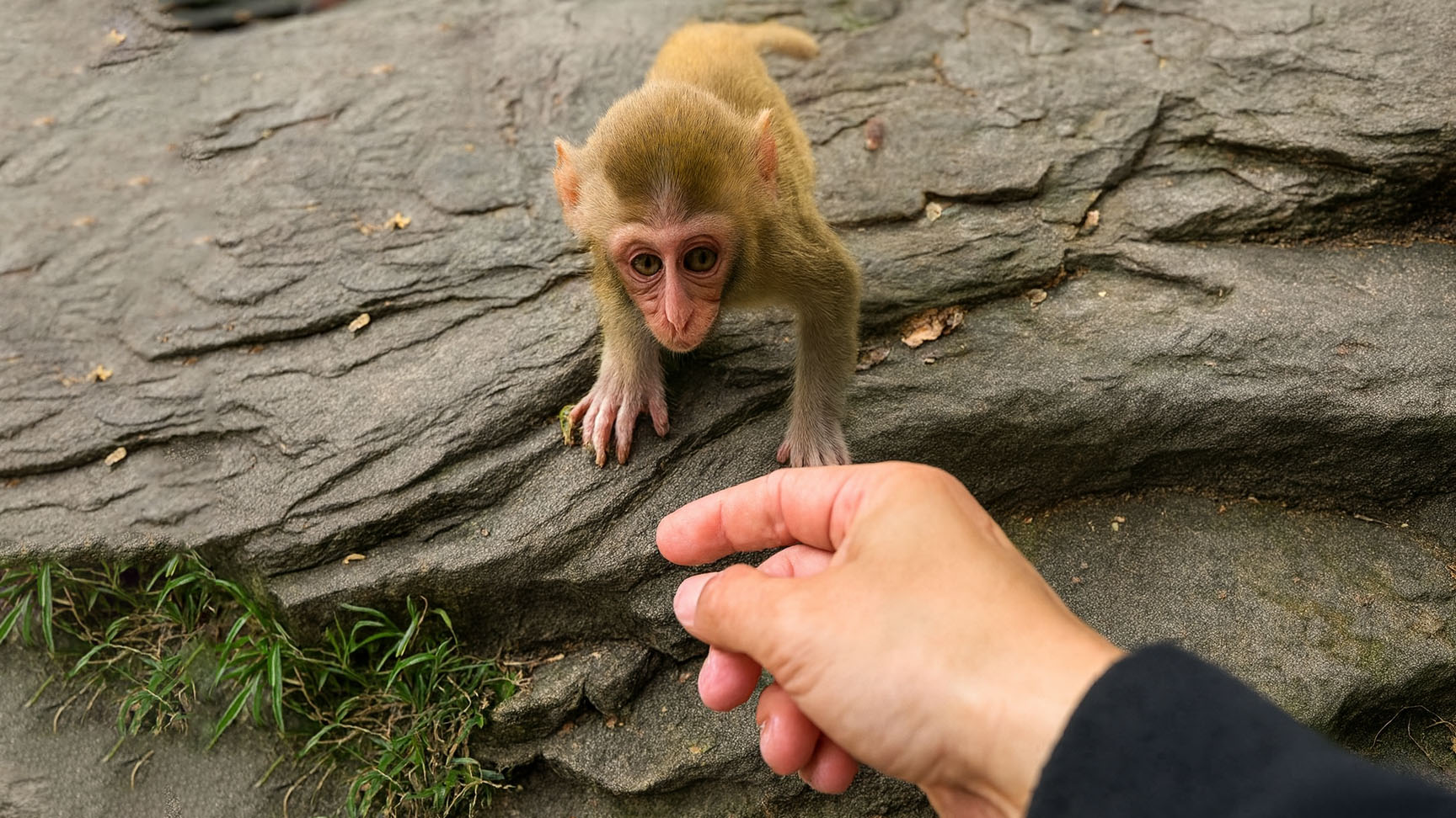 Cute baby monkey makes a human friend