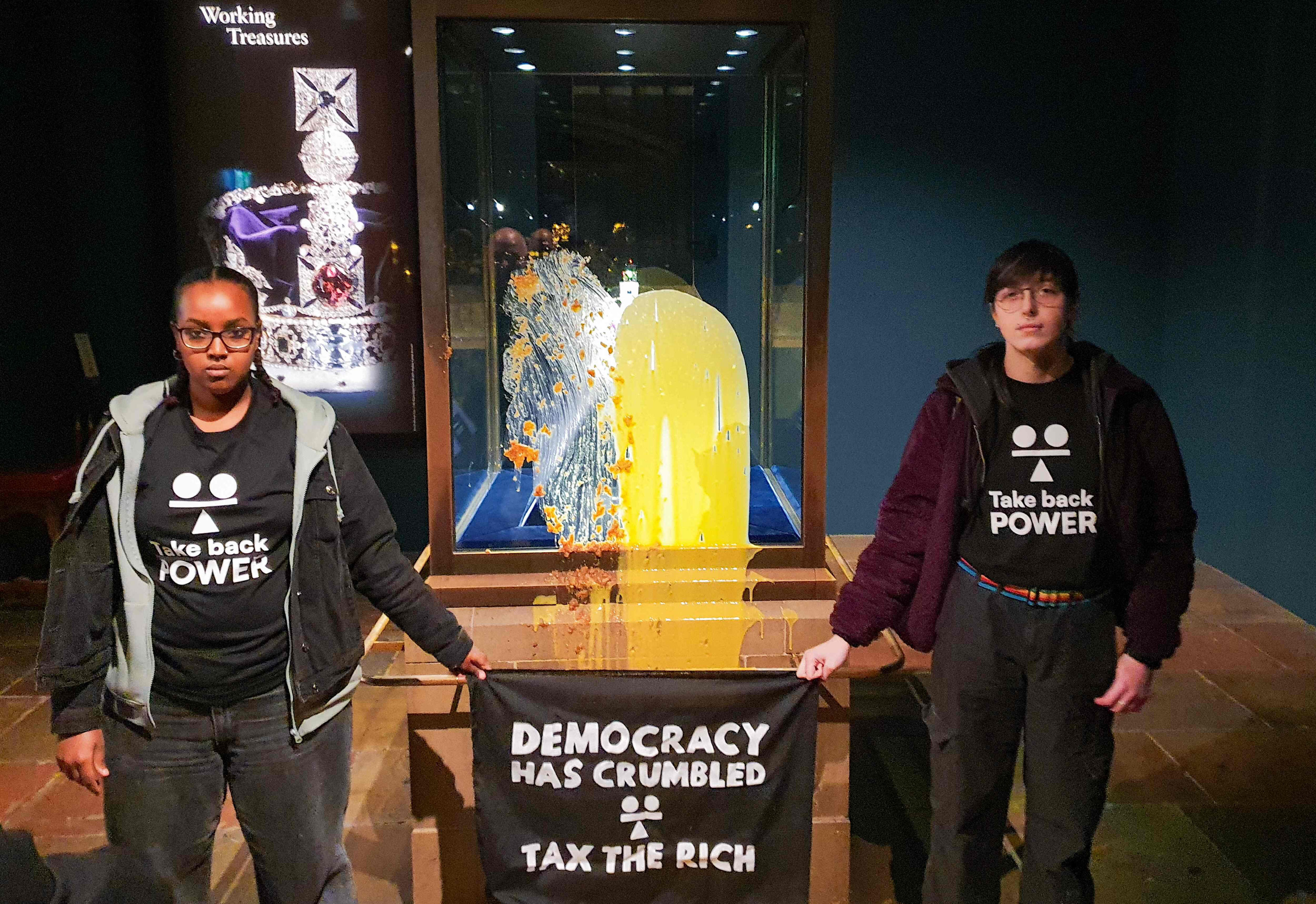 Tax-the-rich protesters target Imperial State Crown with food