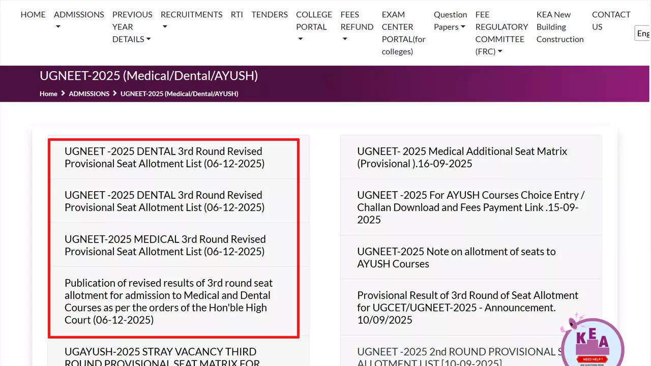 Karnataka NEET UG 2025 revised provisional results for KEA third round ...