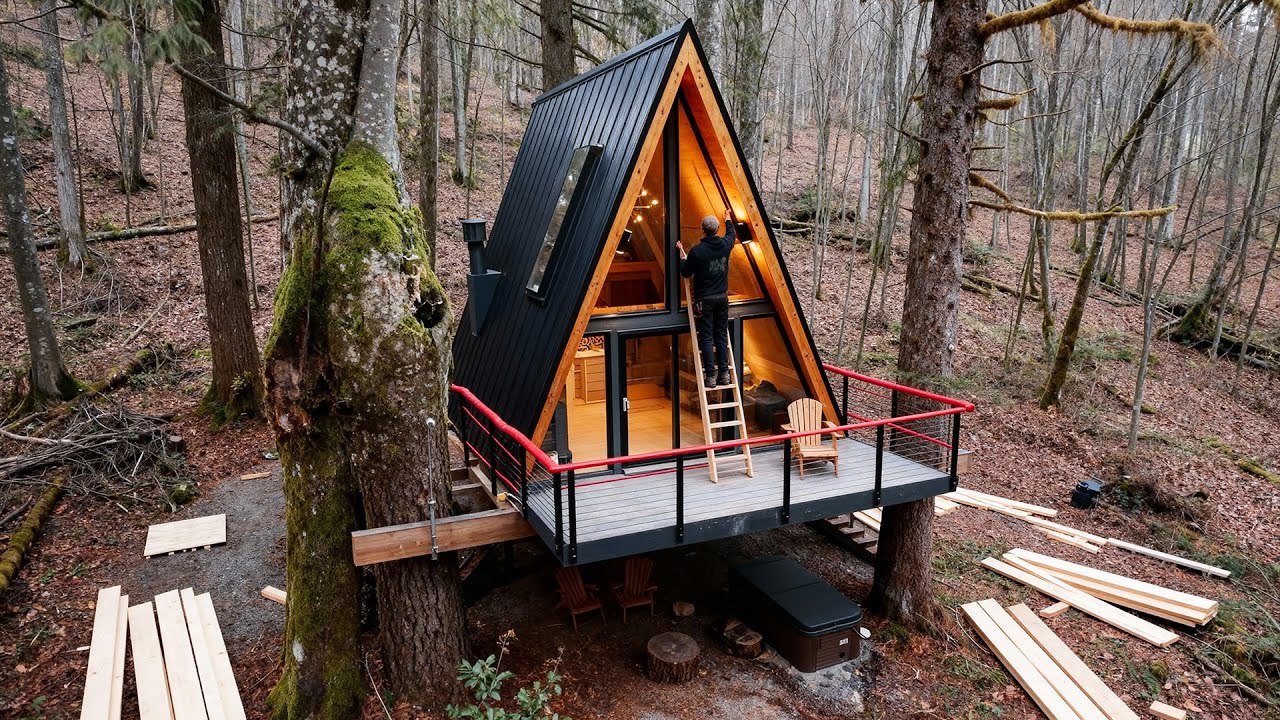 Building a triangle-shaped bushcraft cabin for forest living