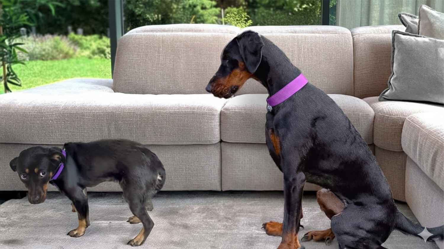Doberman meets a terrified rescue puppy for the first time
