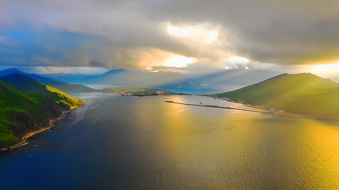 Unalaska Island in the Aleutian chain seen from above