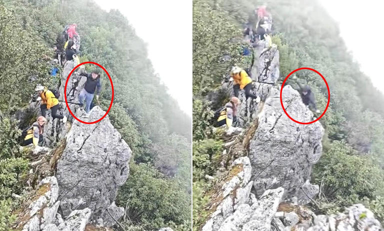 Terrifying moment hiker plunges off cliff while trying to take photo