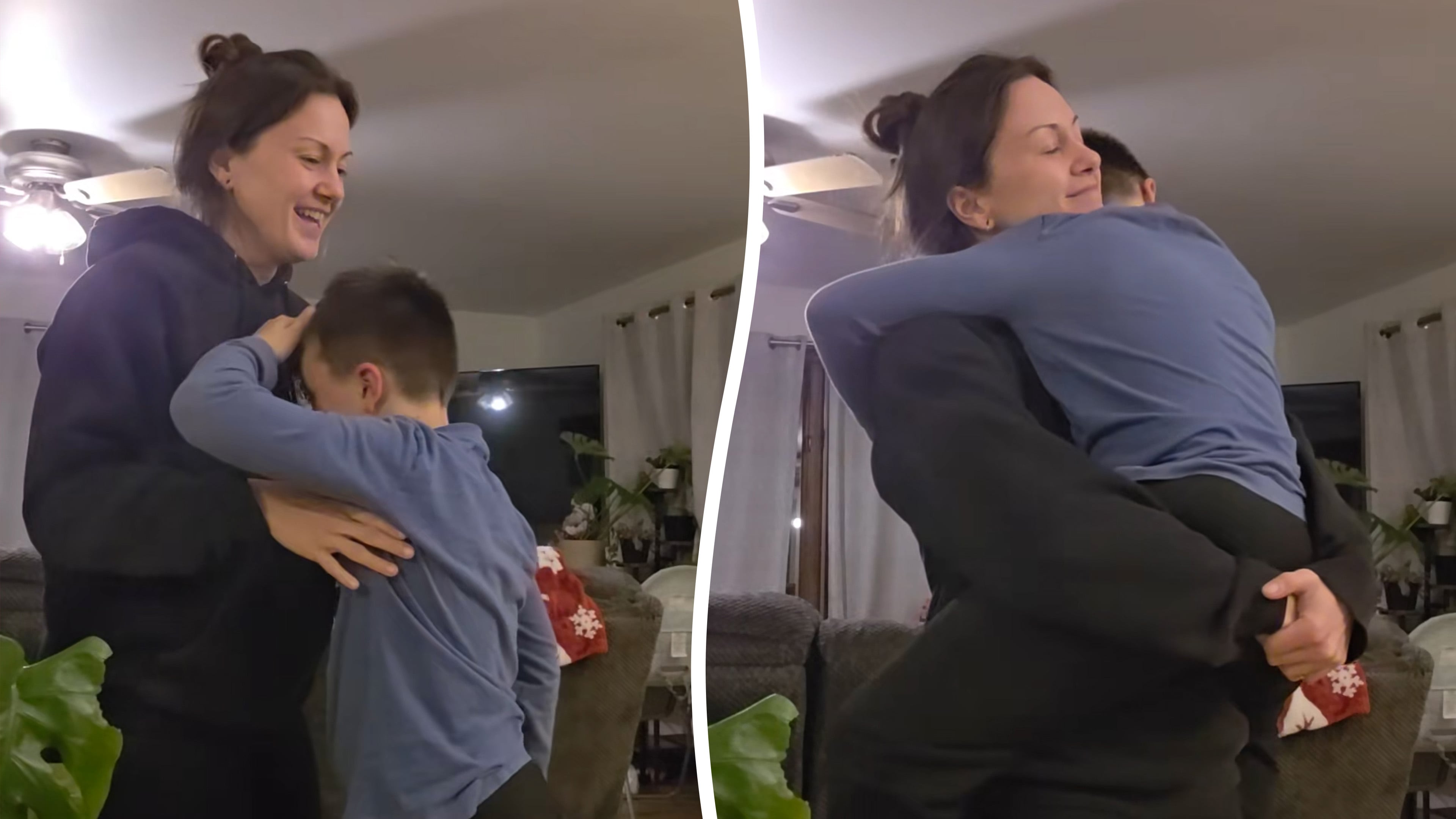 Rührende Umarmung zwischen Mutter und Sohn, als sie ihn ein letztes Mal ...
