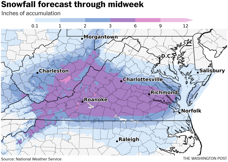 Second snowstorm in days targets Virginia and the Mid-Atlantic