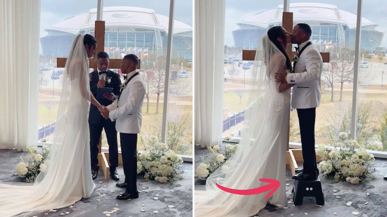 Short groom pulls out step stool for first kiss with taller bride