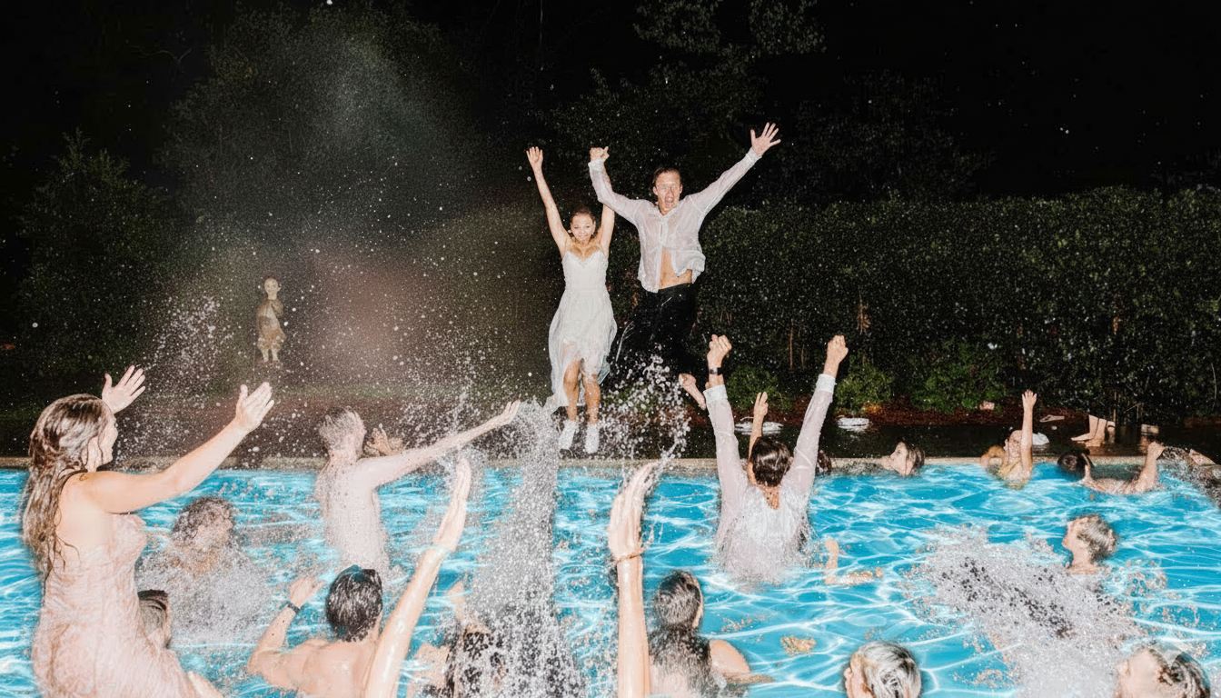 This classy wedding turned into a full-group pool jump