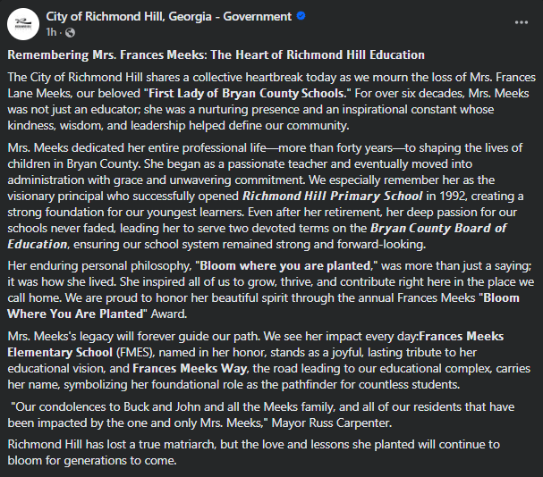 Frances Lane Meeks, known as "The First Lady of Bryan County Schools ...