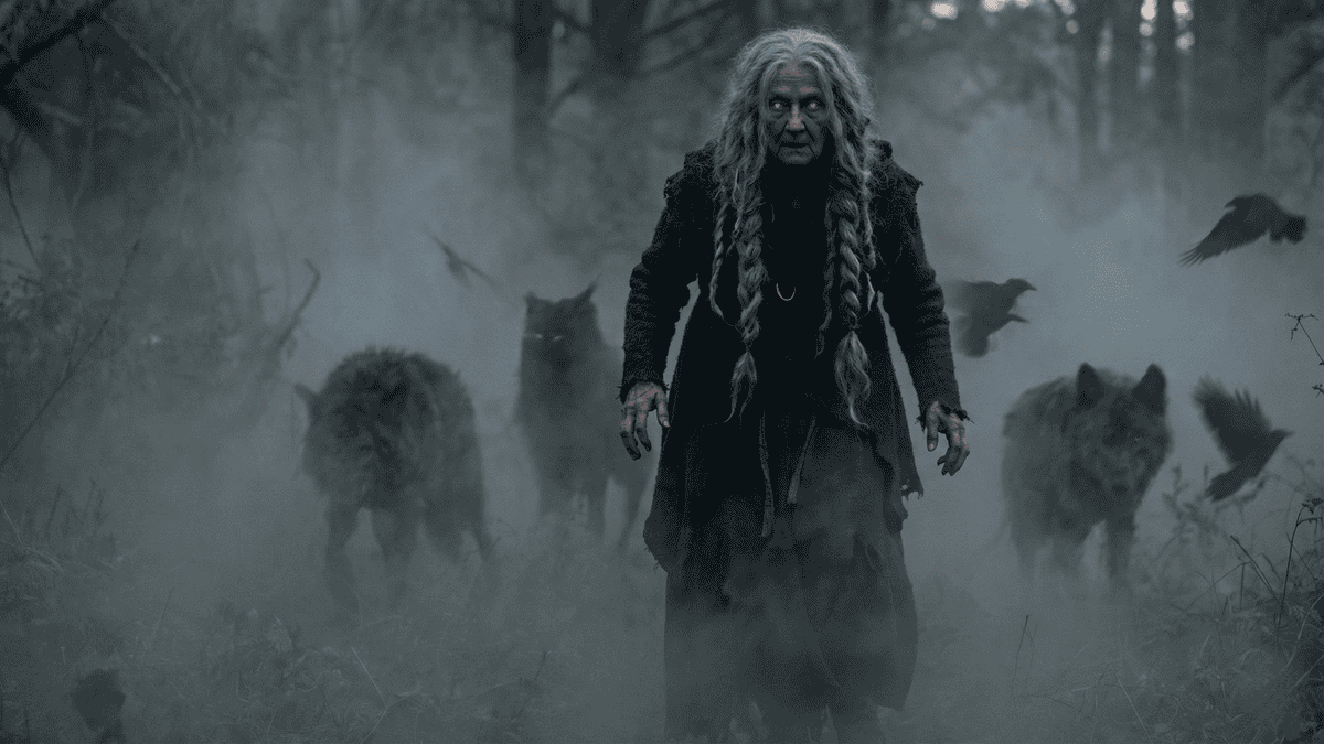 The shadow witch Baba Yaga who lives in a hut that hunts for bones