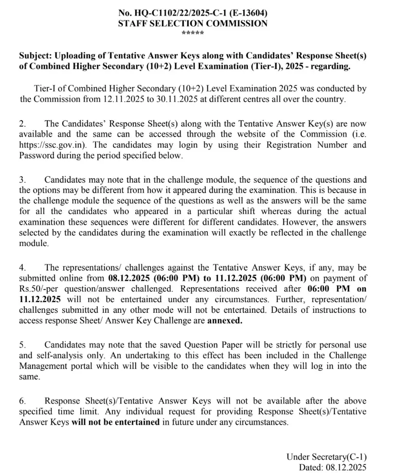SSC CHSL answer key 2025 out at ssc.gov.in, download tier 1 provisional ...