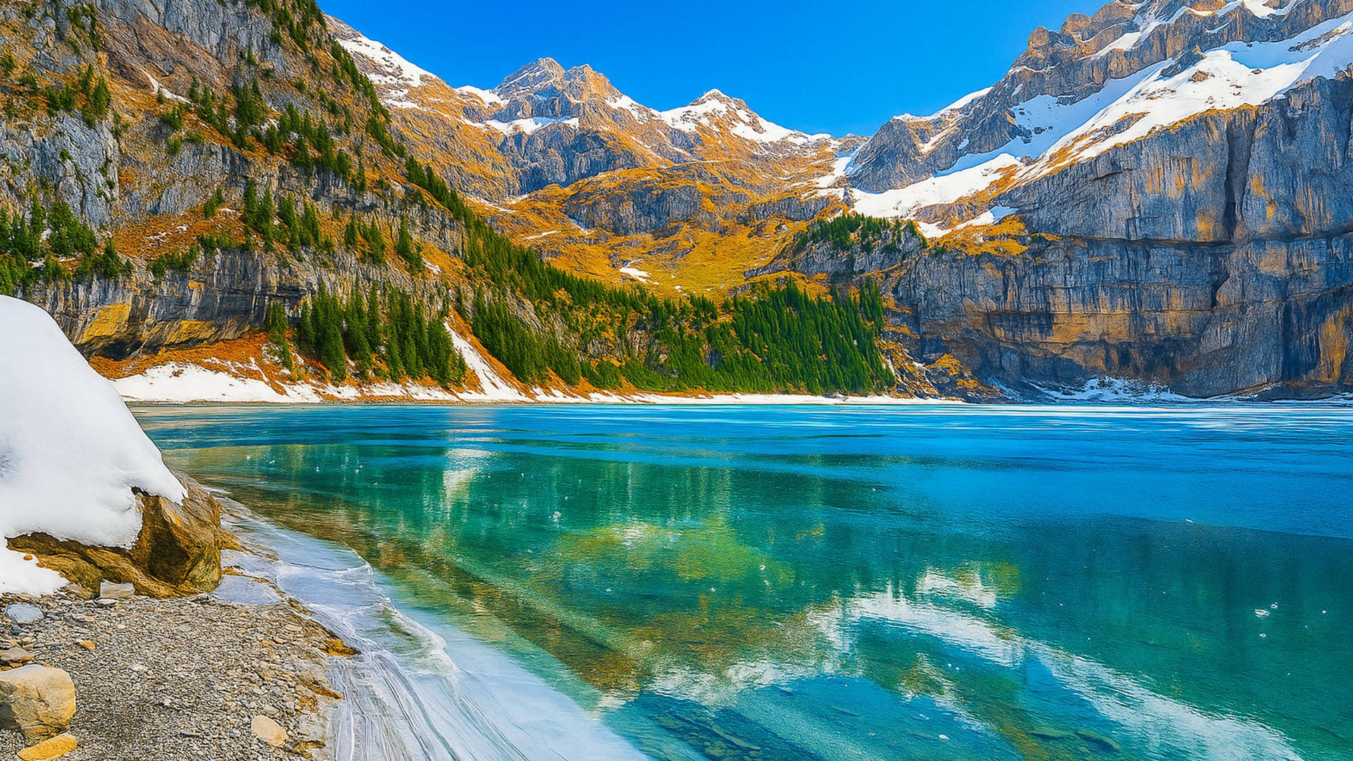 Switzerland Oeschinensee: Stunning winter lake scenery (4K)