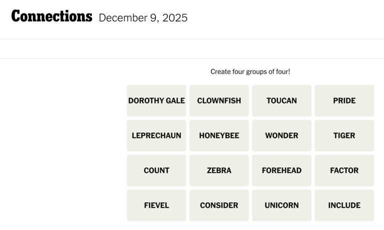 NYT 'Connections' hints and answers today, Tuesday, December 9