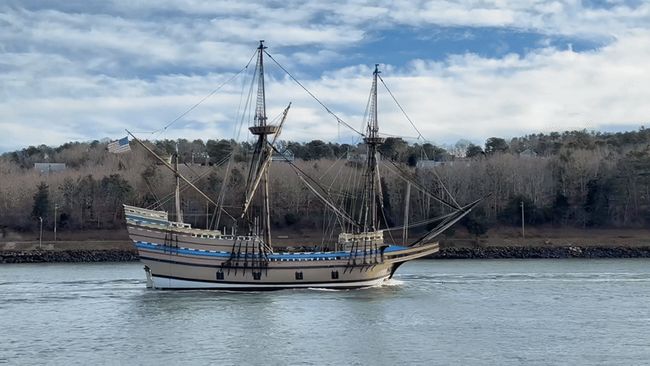 Mayflower II glides through water on way for winter maintenance